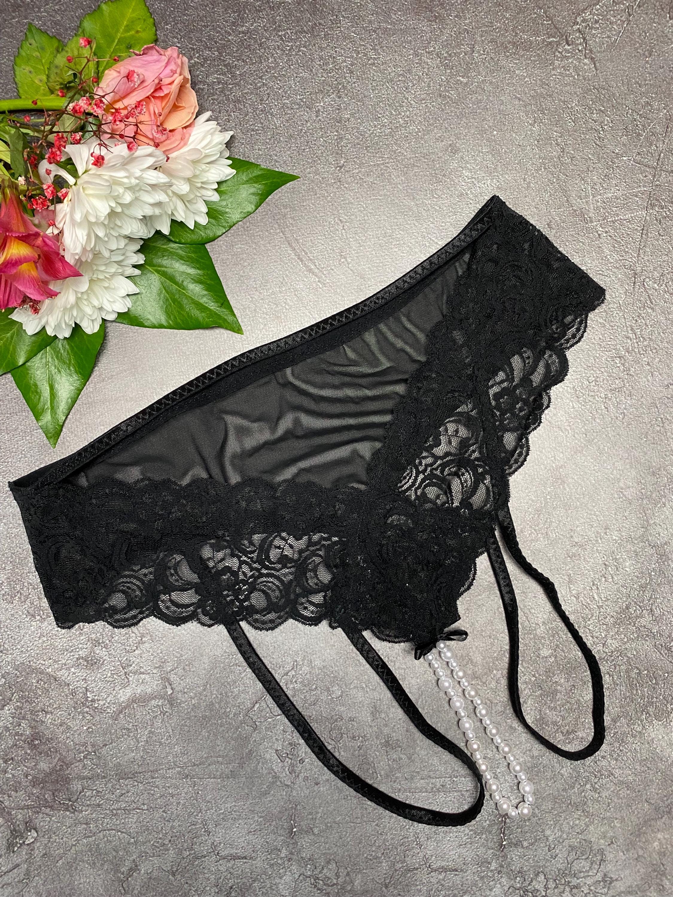 Pearls Crotchless Panties | Lace Panties With Pearls | Black Open Thong ...