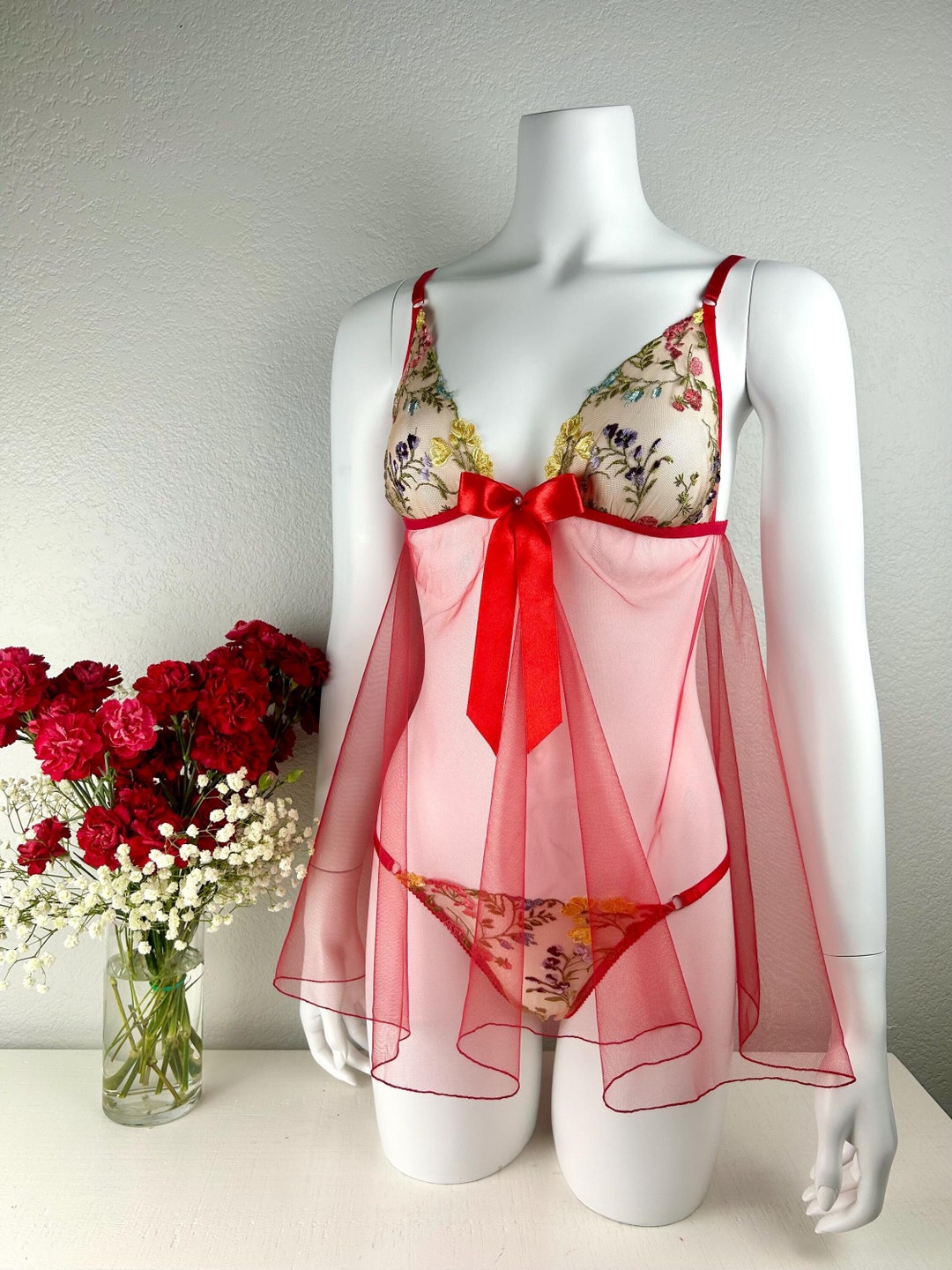 Red Embroidered Lace Babydoll | Transparent Lingerie | Lingerie See Through | Alluring Nightgown ...