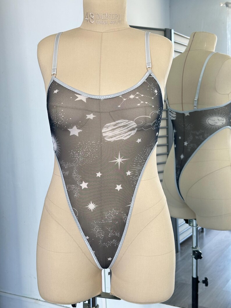 Sheer Bodysuit With Space Print High Cut Bodysuit Seductive Lingerie See Through Monikini ...
