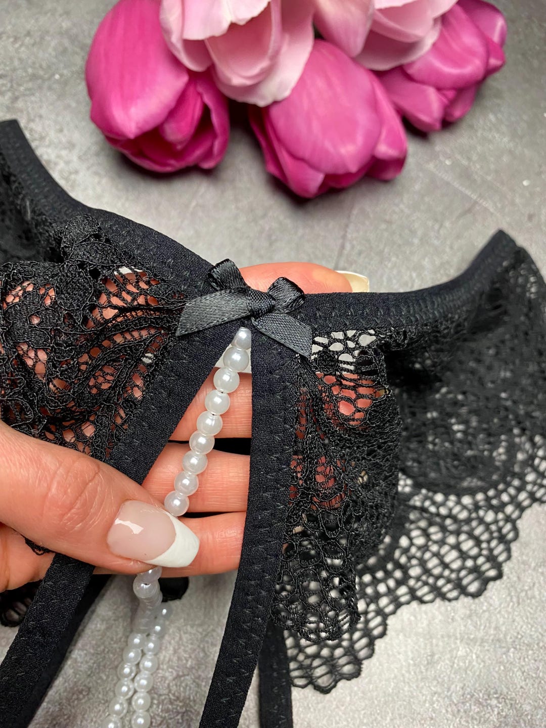 Pearls Crotchless Panties | Lace Panties With Pearls | Black Open Thong ...
