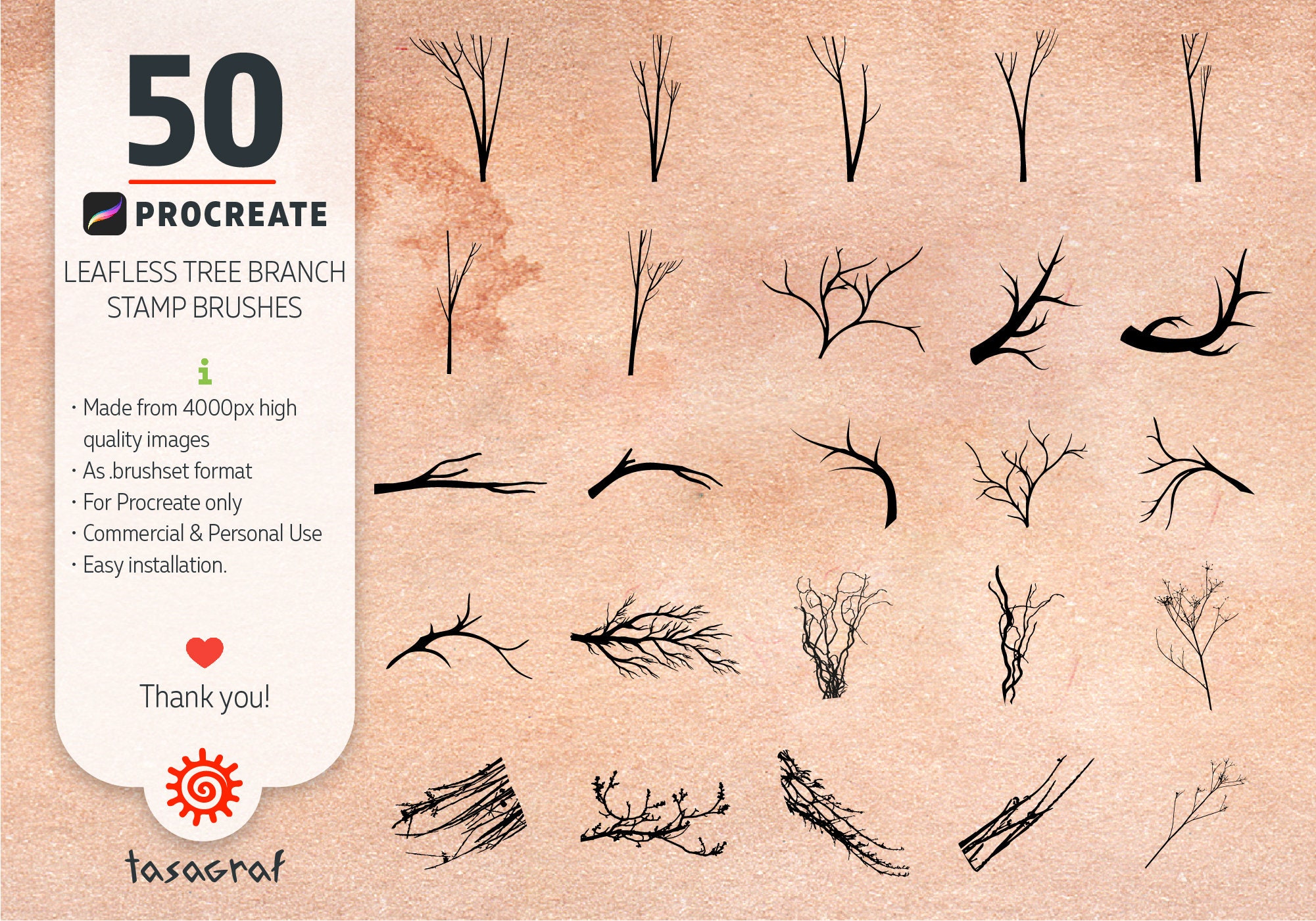 50 HQ Procreate Leafless Branch Stamp Brushes, Dead Tree Branch Brush ...