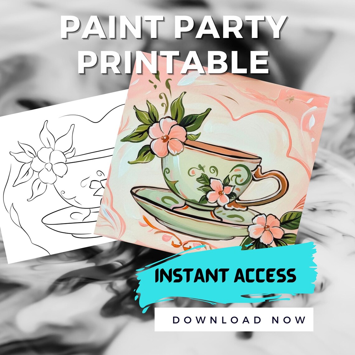 Tea Cup Digital Download / Pre Drawn Canvas / DIY Canvas Printable ...