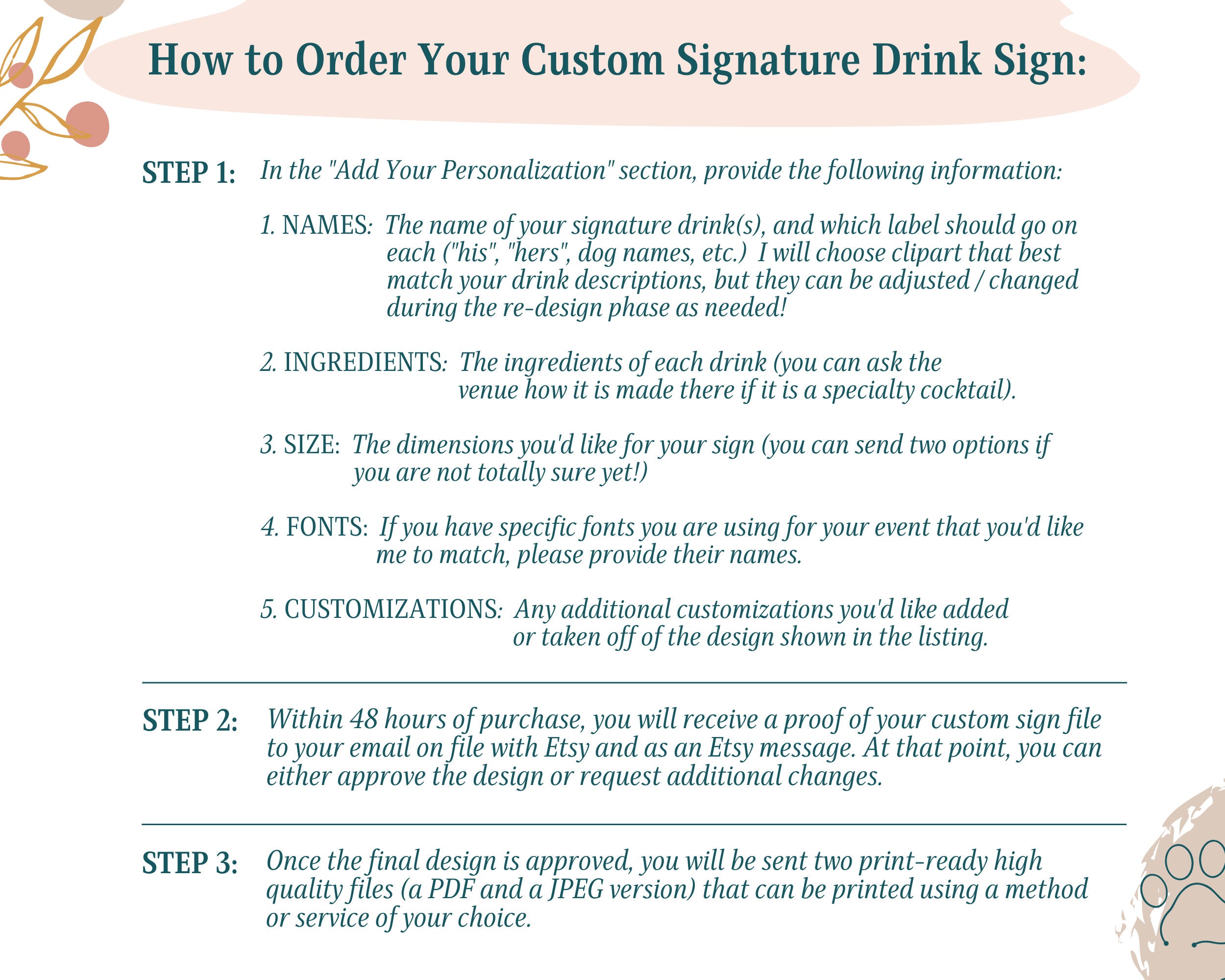 Custom Signature Drink Sign / Personalized Design / Wedding Bar Menu ...