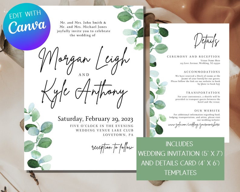 Eucalyptus Wedding Invitation & Details Card - Canva Template ...