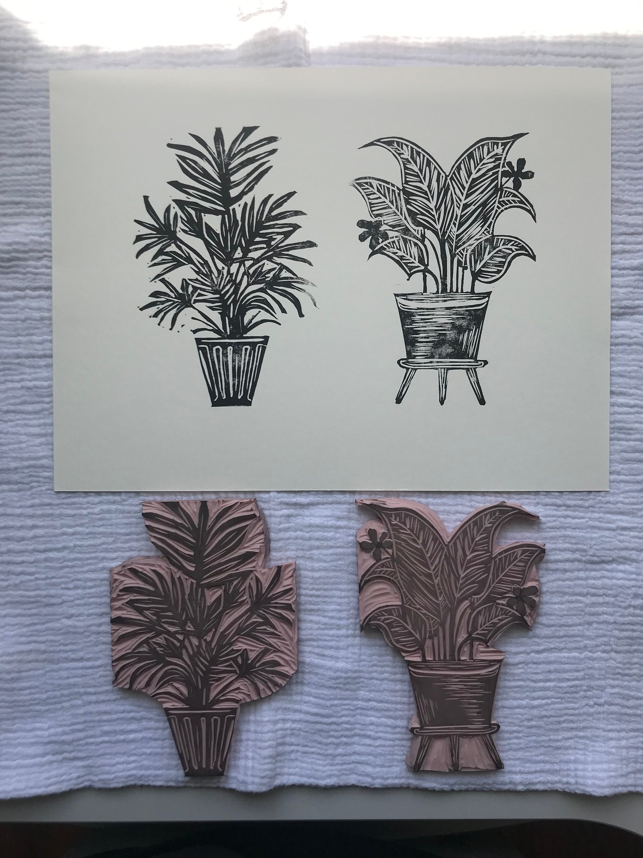 Handmade Linocut Prints | Palm Tree & Chinese Evergreen | Print ...