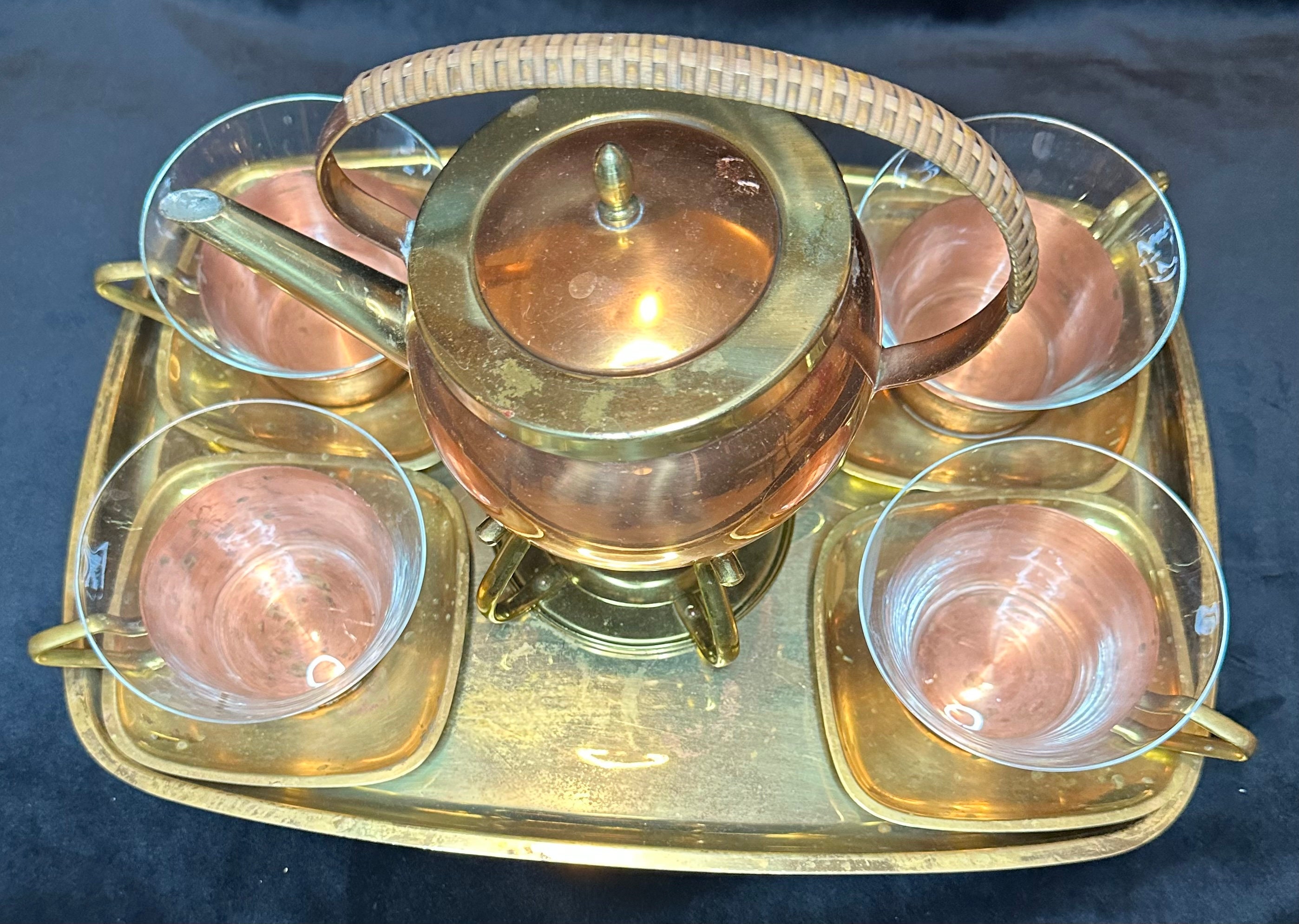 Vintage 1960s Copper Brass With Glass Tea Set - Etsy