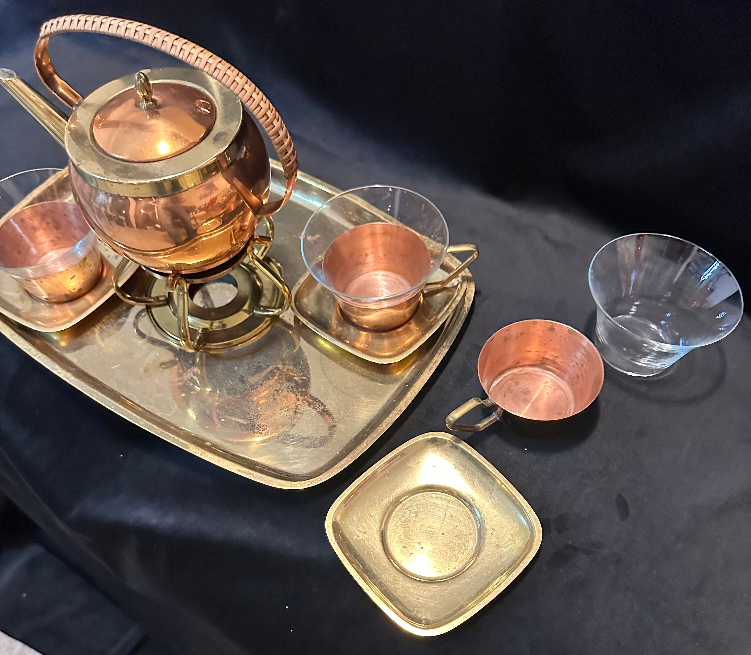 Vintage 1960s Copper Brass With Glass Tea Set - Etsy