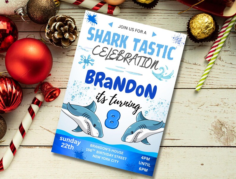 Shark Birthday Invitation: Editable 5x7 Canva Template (digital ...