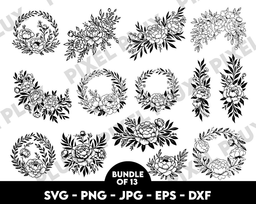 Peony Svg, Peony Leaves Svg, Peonies Svg, Peony Clip Art, Wedding Peony ...