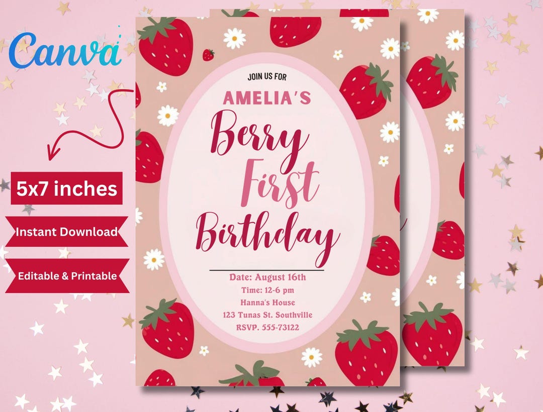 Berry First Birthday Invitation Template: Editable Canva 5x7 (digital ...