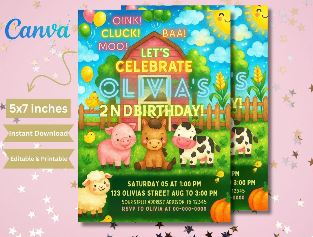 Barn Animals Birthday Invitation: Editable Farm Party Template (5x7 ...