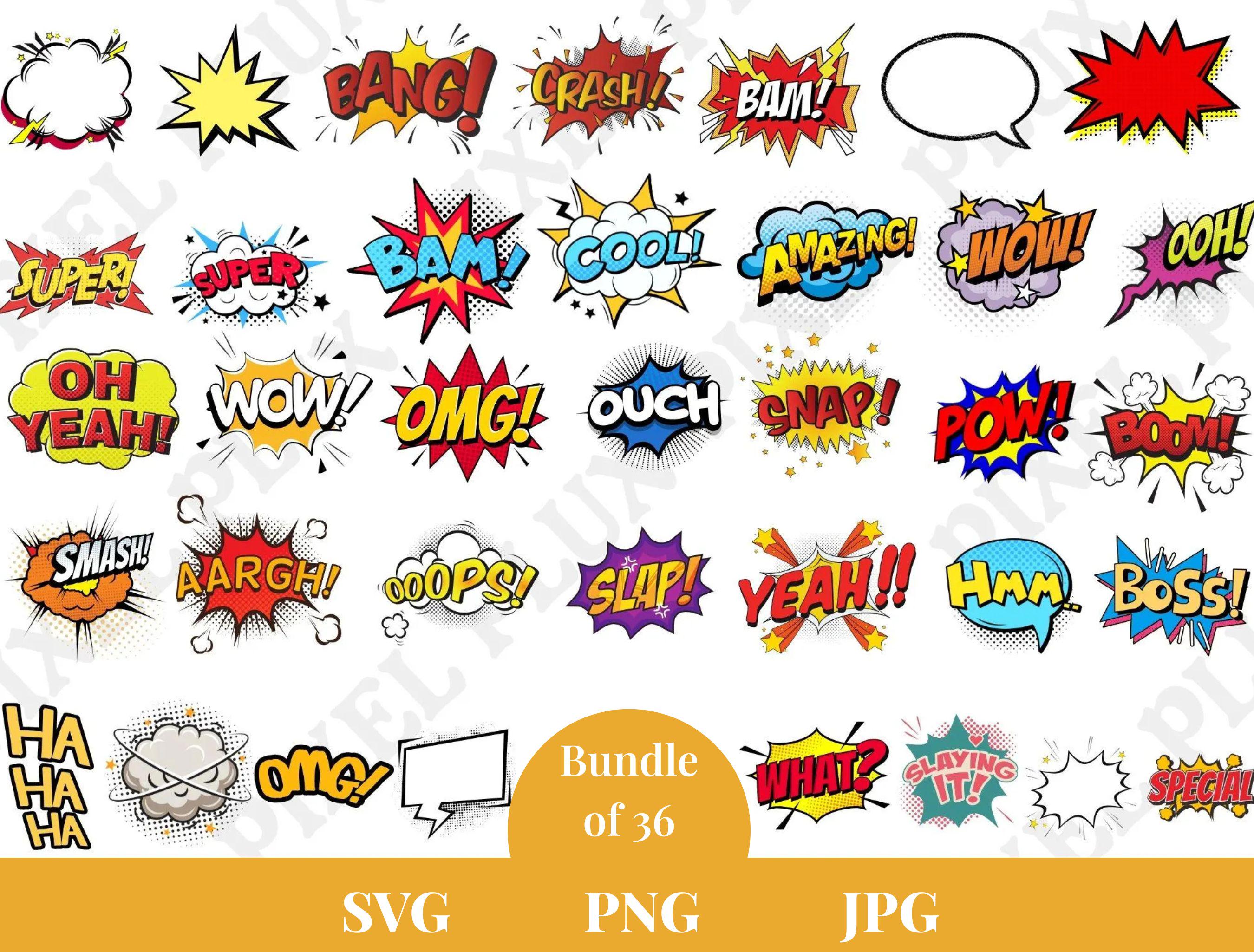 Bundle of Comic Style Action Bubbles, Comic Cartoon Style, Birthday ...