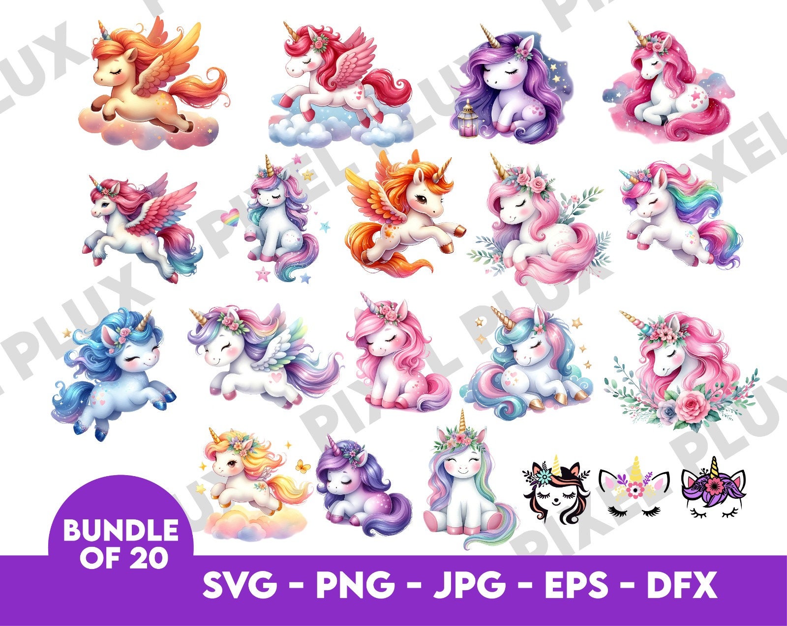 Cute Unicorn Svg Bundle, Little Pony Svg, Watercolor Unicorn Png, Pony ...