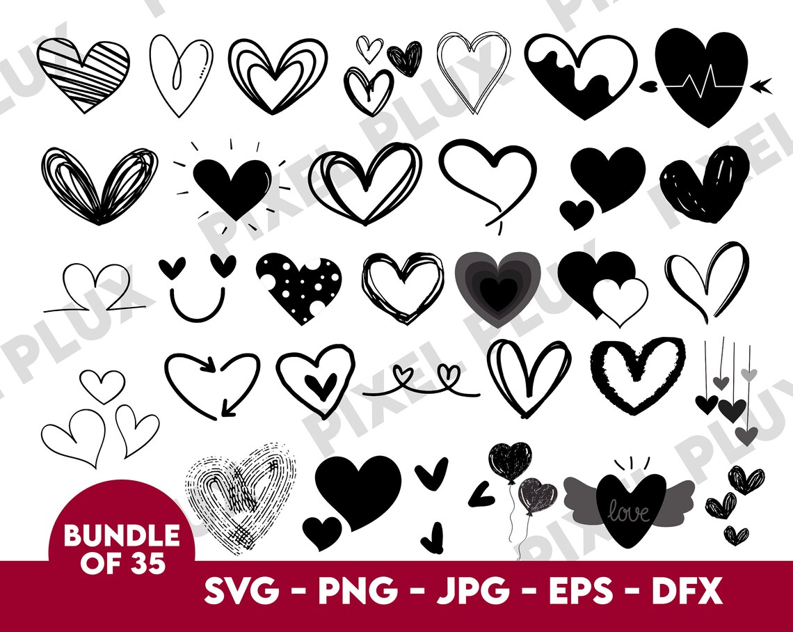 Heart Svg Bundle, Hand Drawn Heart Svg, Doodle Heart Svg, Heart Svg ...