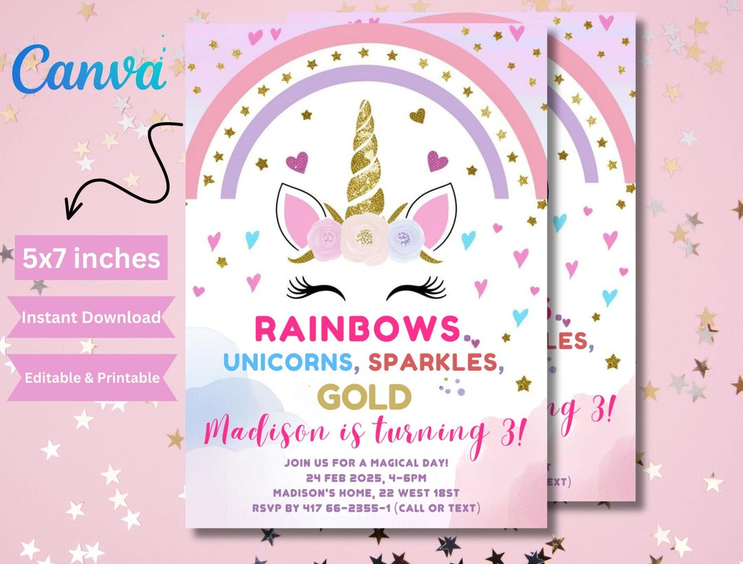 Editable Unicorn Rainbow Birthday Invitation Unicorns Rainbows Sparkles ...