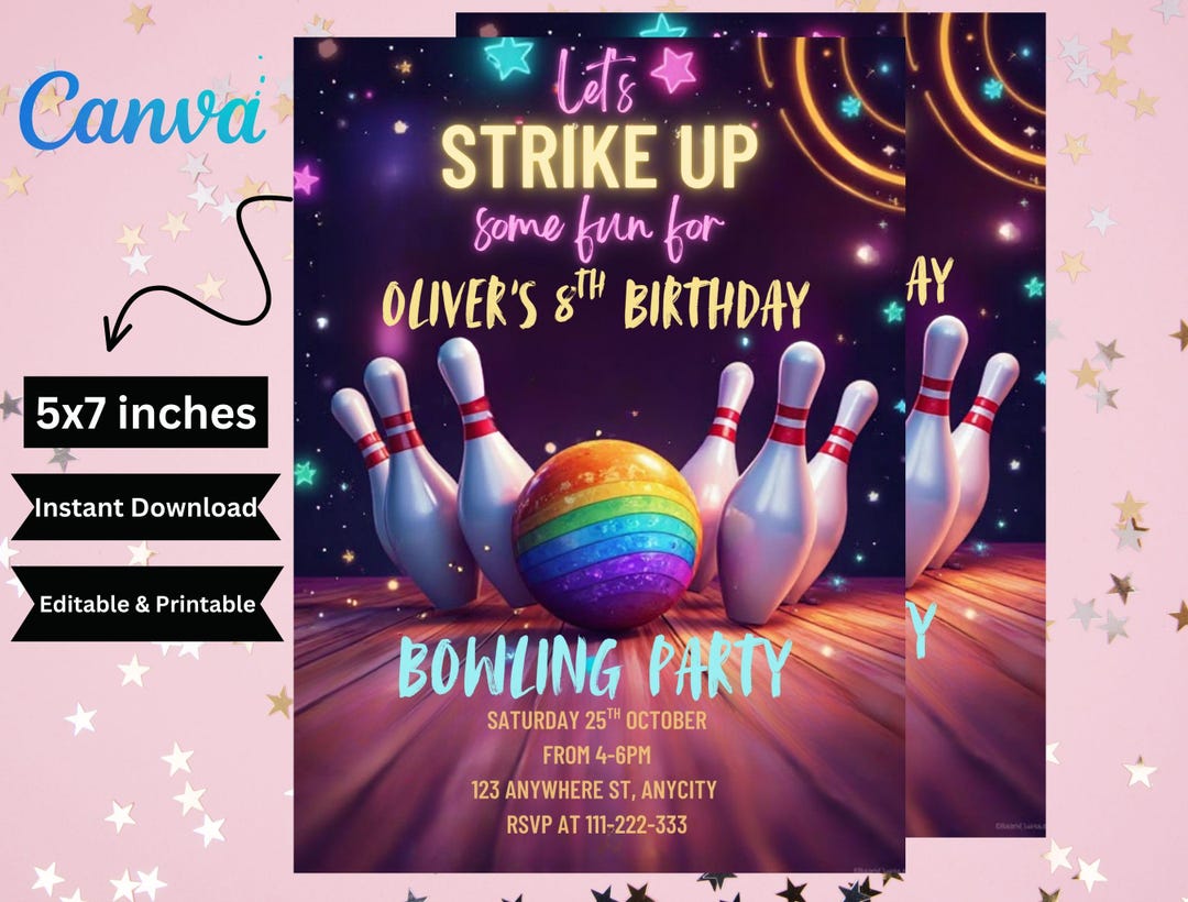 EDITABLE Bowling Party Invitation, Editable Bowling Birthday Invitation ...