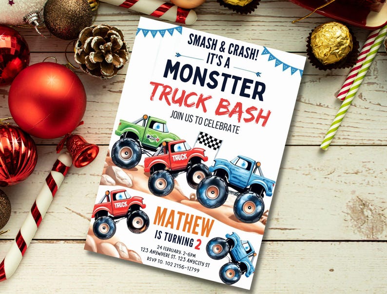 Editable Monster Truck Birthday Invitation Template (5x7) (digital ...