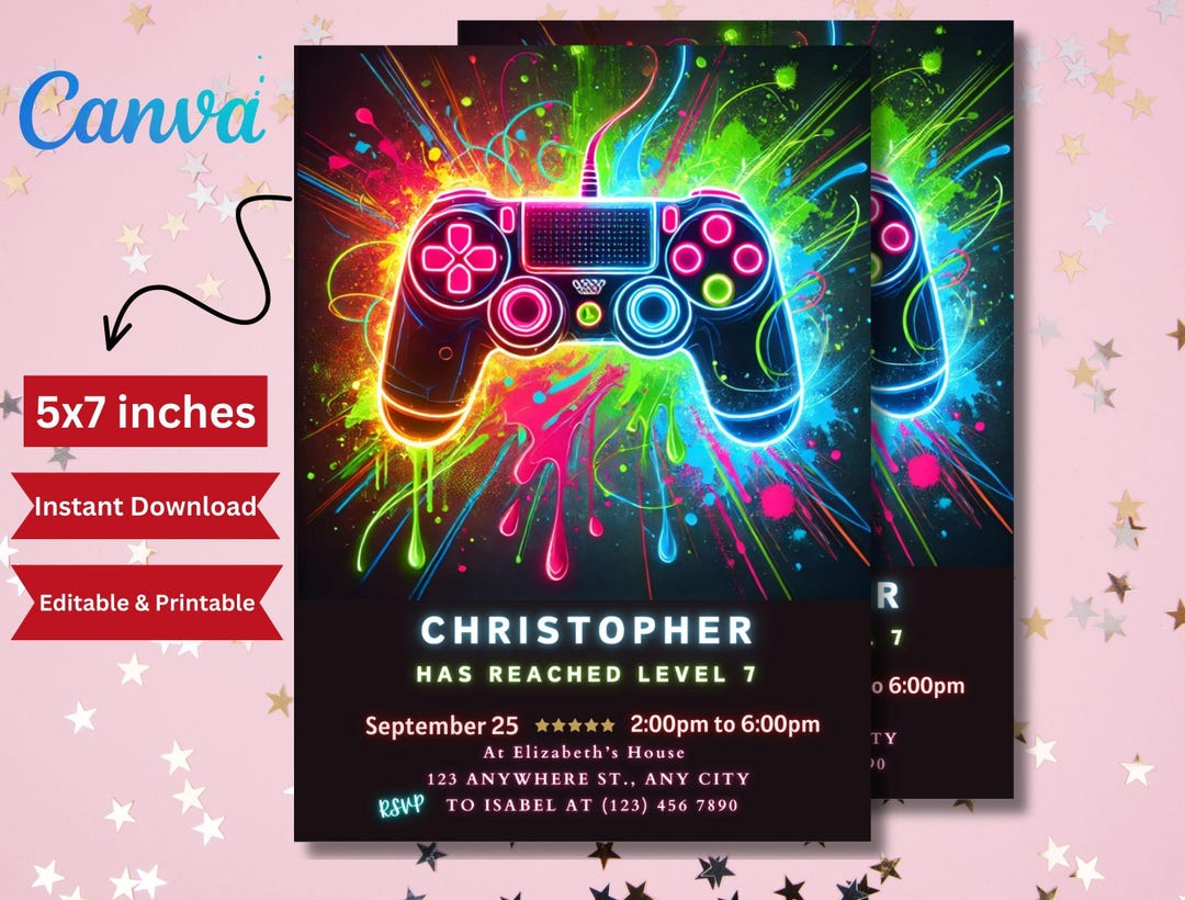 Editable Neon Game on Level up Gaming Birthday Party Invitation, Video ...