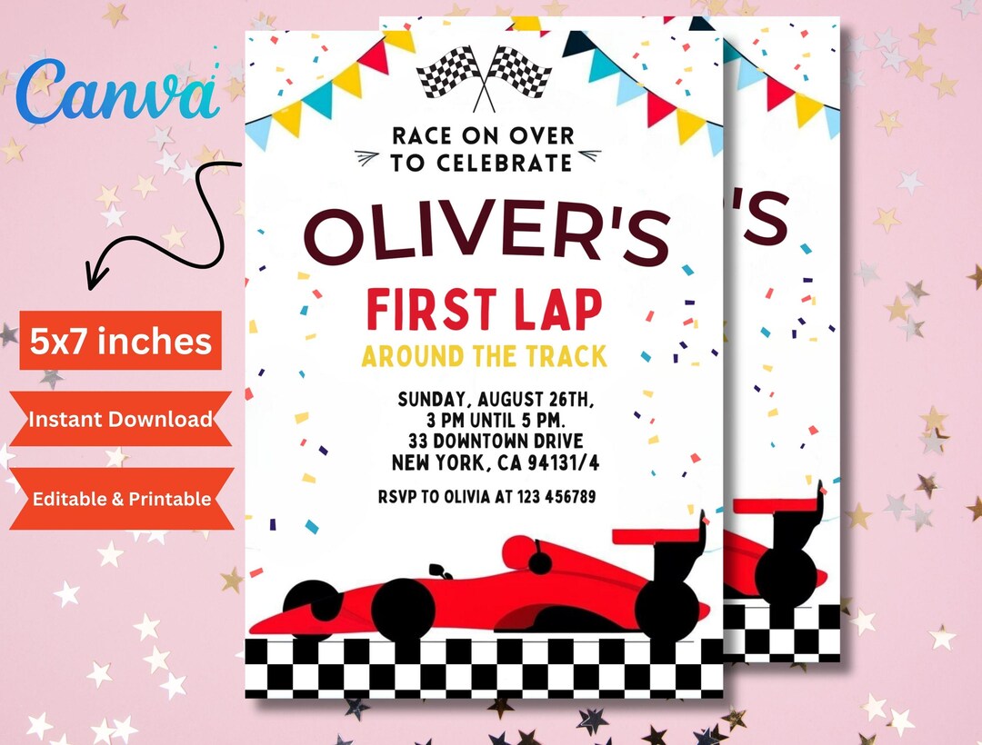 Race Car First Birthday Invitation: First Lap Track, Editable Canva ...