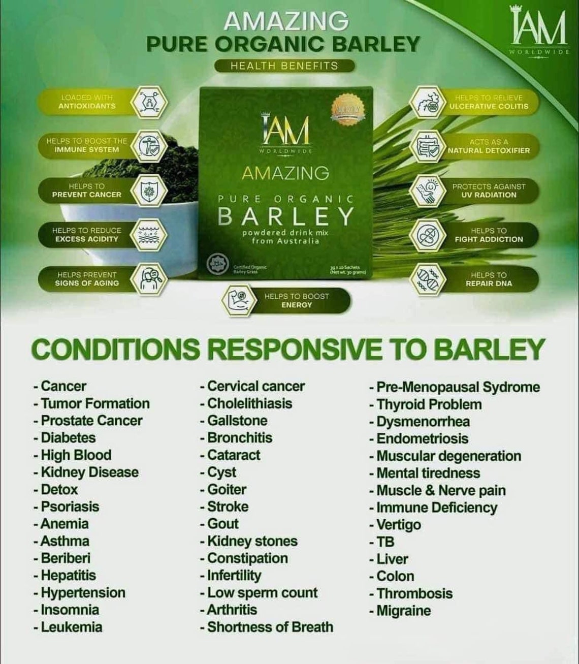 IAM Worldwide Amazing Barley 10 Sachet Powdered Juice Boost Energy Pure ...