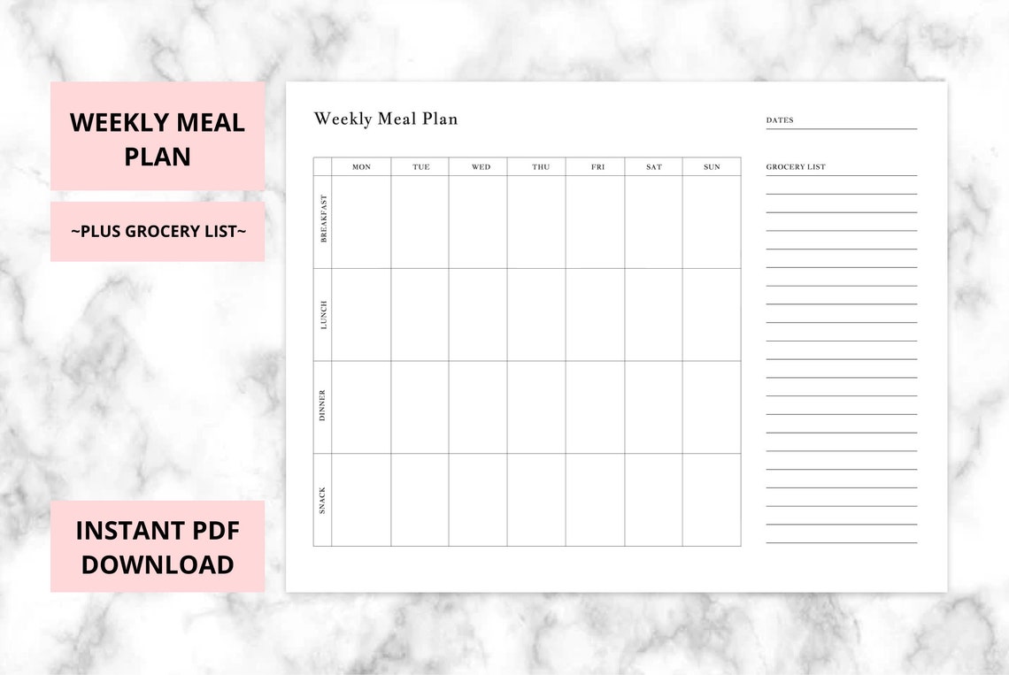 Weekly Meal Planner and Grocery List Printable Template | Food Prep ...