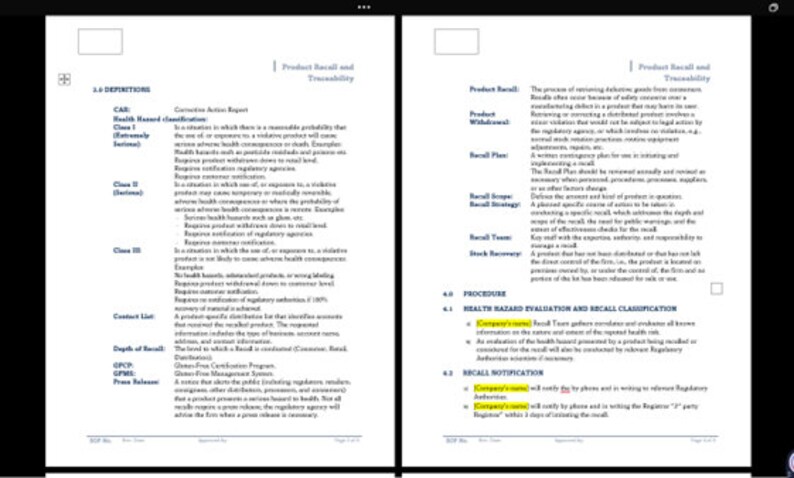 Recall Standard Operating Procedure Template - Etsy