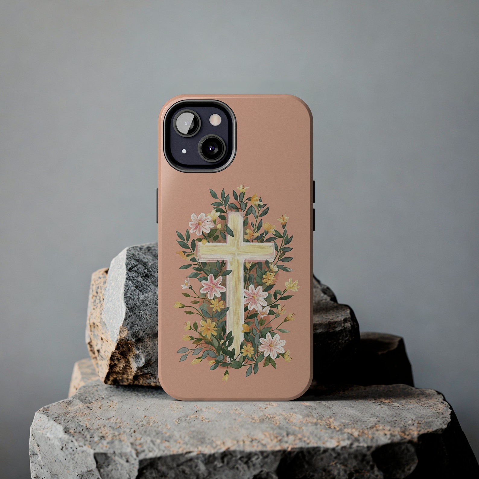 Peach Crucifix Cross iPhone Case, Cute Floral Christian Catholic iPhone ...
