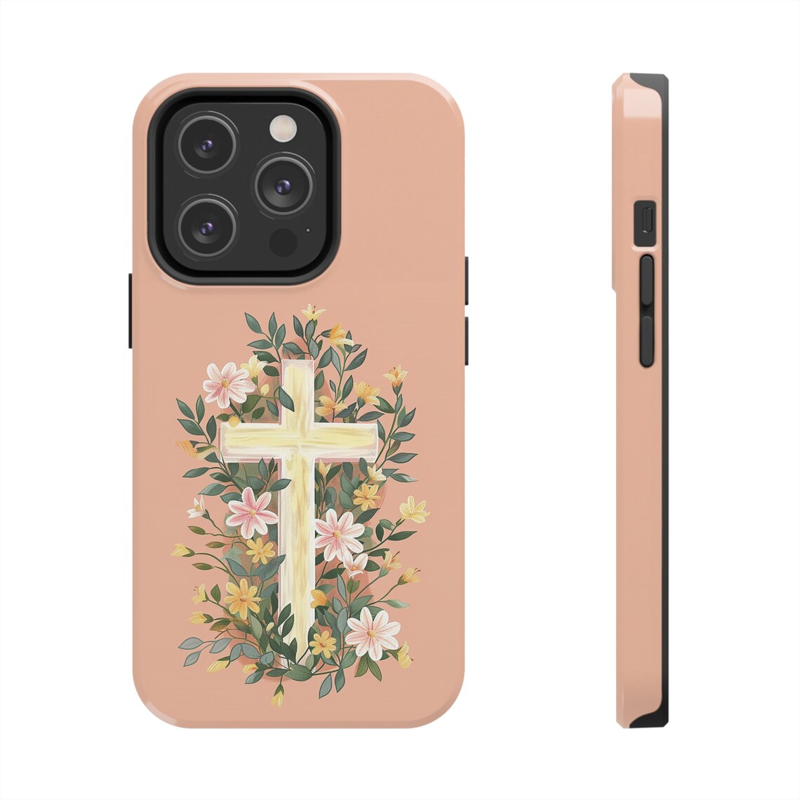 Peach Crucifix Cross iPhone Case, Cute Floral Christian Catholic iPhone ...