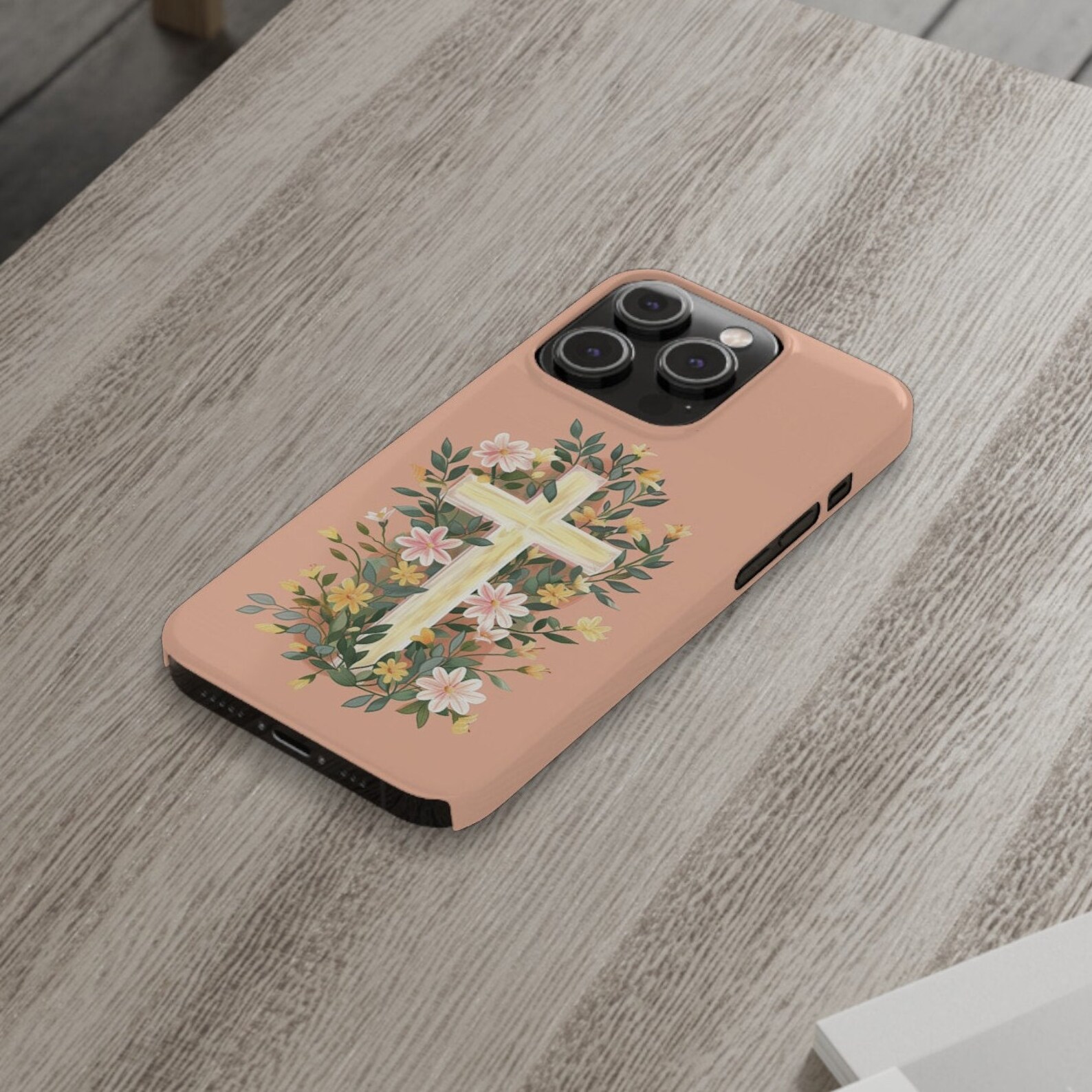 Peach Crucifix Cross iPhone Case, Cute Floral Christian Catholic iPhone ...