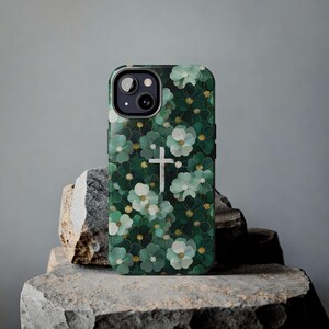 Green Floral Christian Cross iPhone Case, Catholic Phone Cover, Bible ...