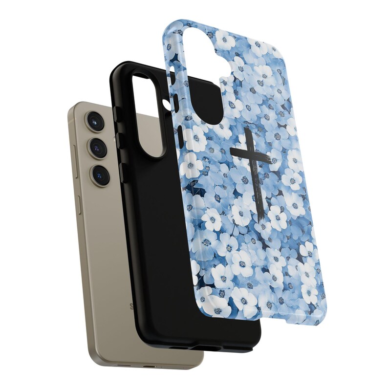Christian Cross & Blue Floral Pattern Phone Case, Bible Gift Accessory ...