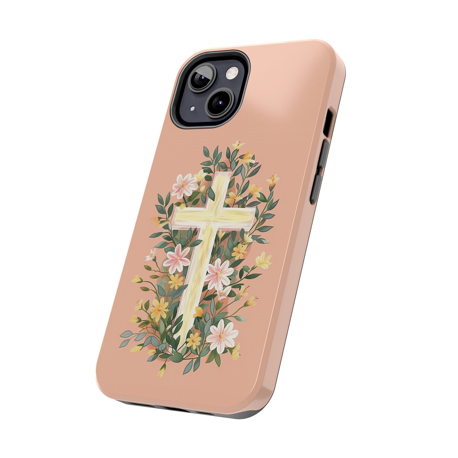 Peach Crucifix Cross iPhone Case, Cute Floral Christian Catholic iPhone ...