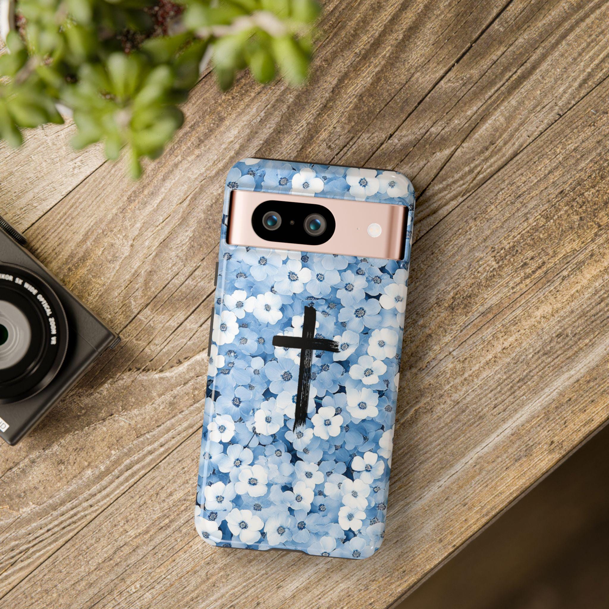 Christian Cross & Blue Floral Pattern Phone Case, Bible Gift Accessory ...