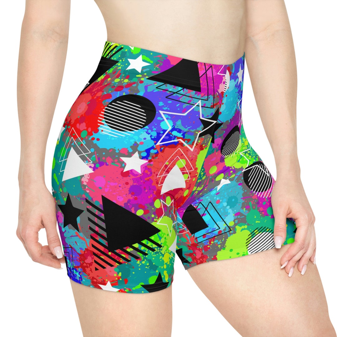 80s Theme Shorts, Paint Splatter Design Yoga Short Soft Moisture ...