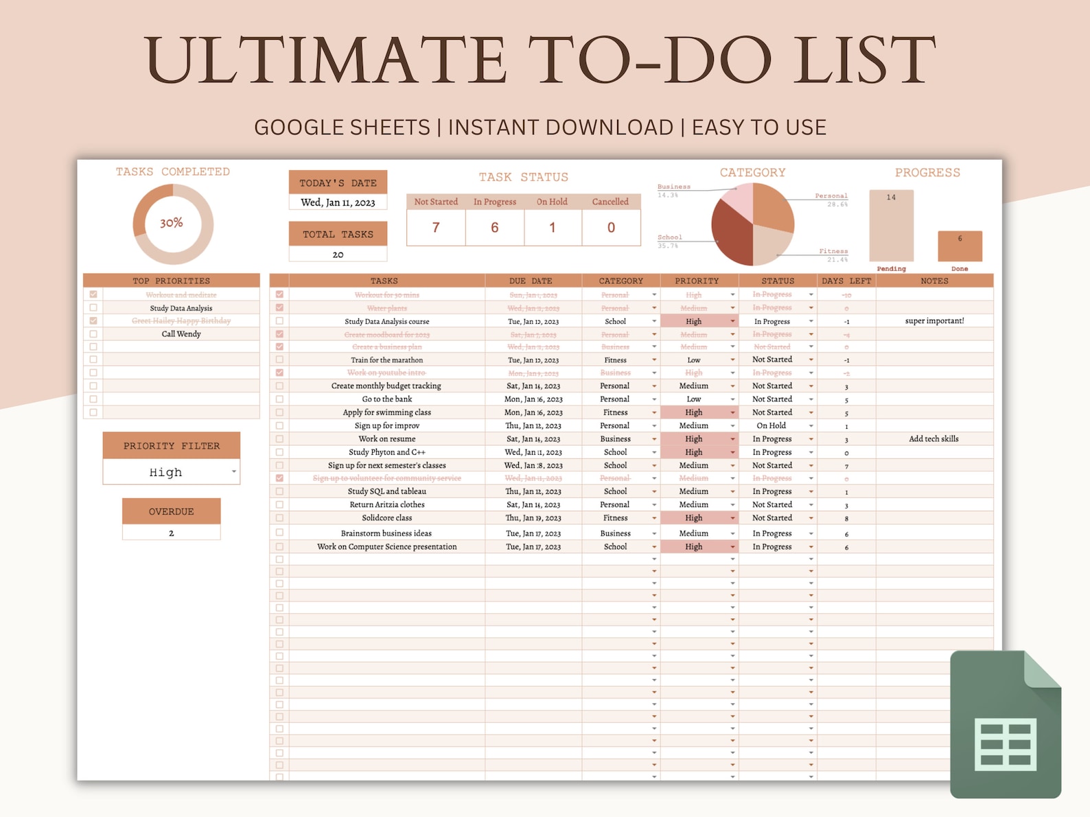 To Do List Planner, Google Sheet Template, Spreadsheet Planner, Digital ...