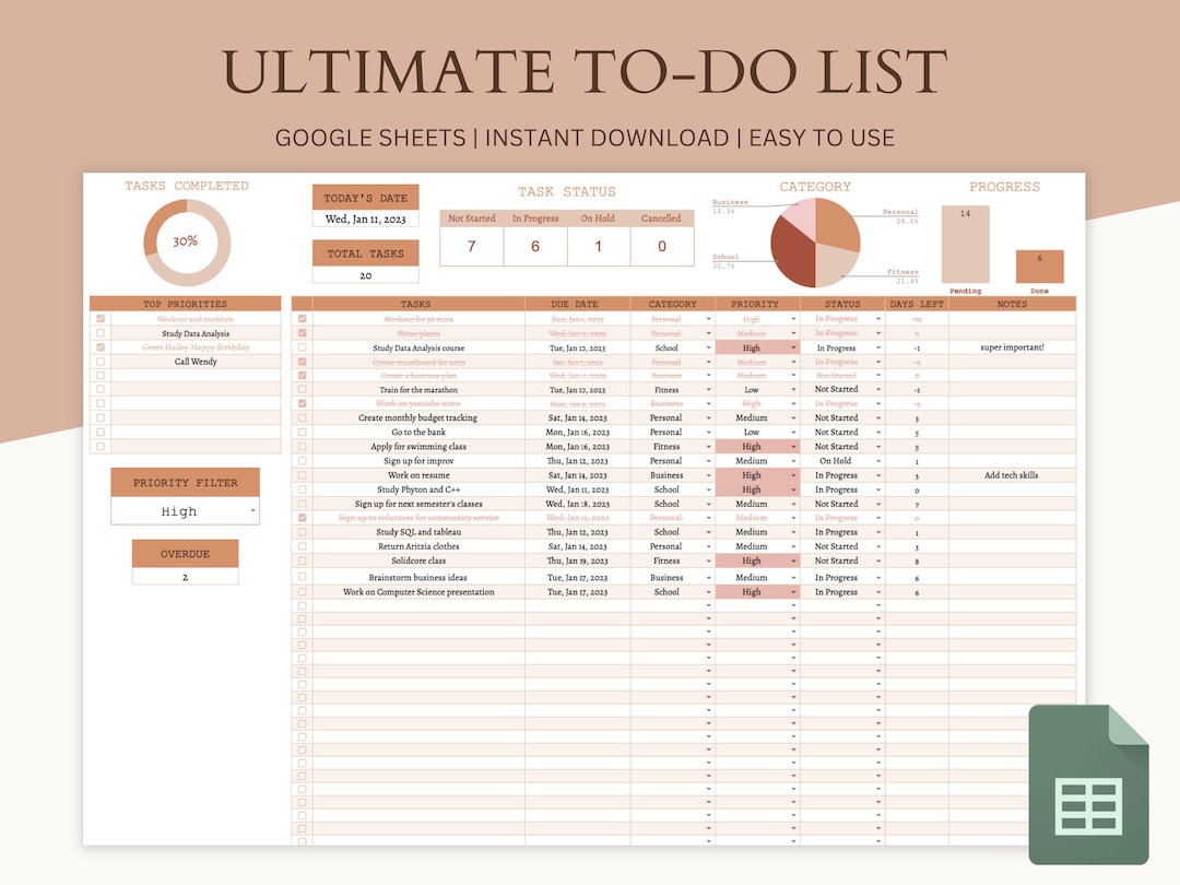 To Do List Planner Google Sheet Template Spreadsheet - Etsy