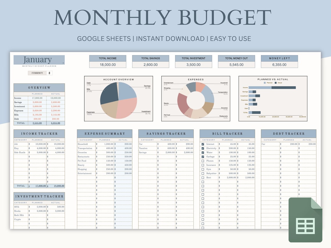 Monthly Budget Spreadsheet, Google Sheets Budget Template Planner ...