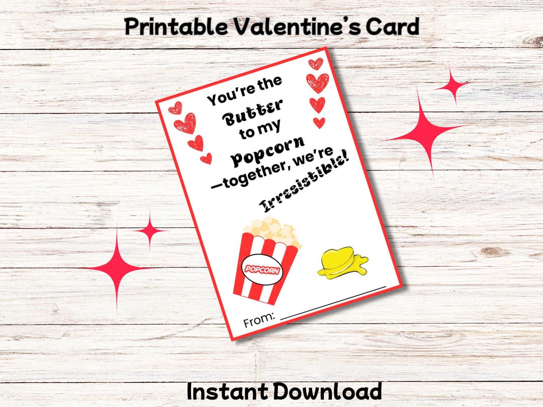 Printable Popcorn Valentines Day Kids Card, Popcorn Themed Gift Tag ...
