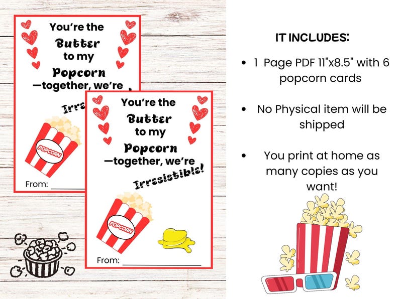 Printable Popcorn Valentines Day Kids Card, Popcorn Themed Gift Tag ...