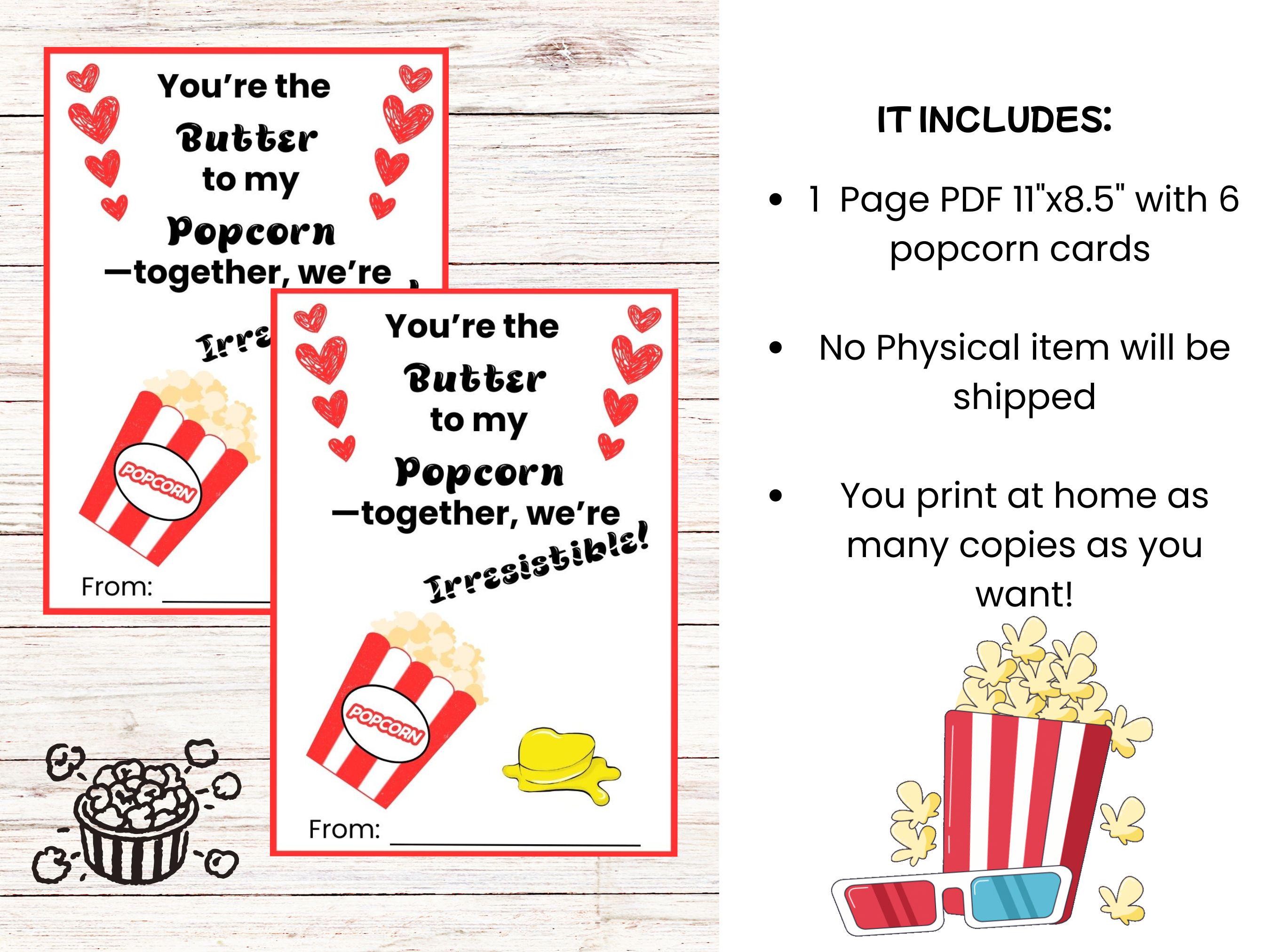 Printable Popcorn Valentines Day Kids Card, Popcorn Themed Gift Tag ...