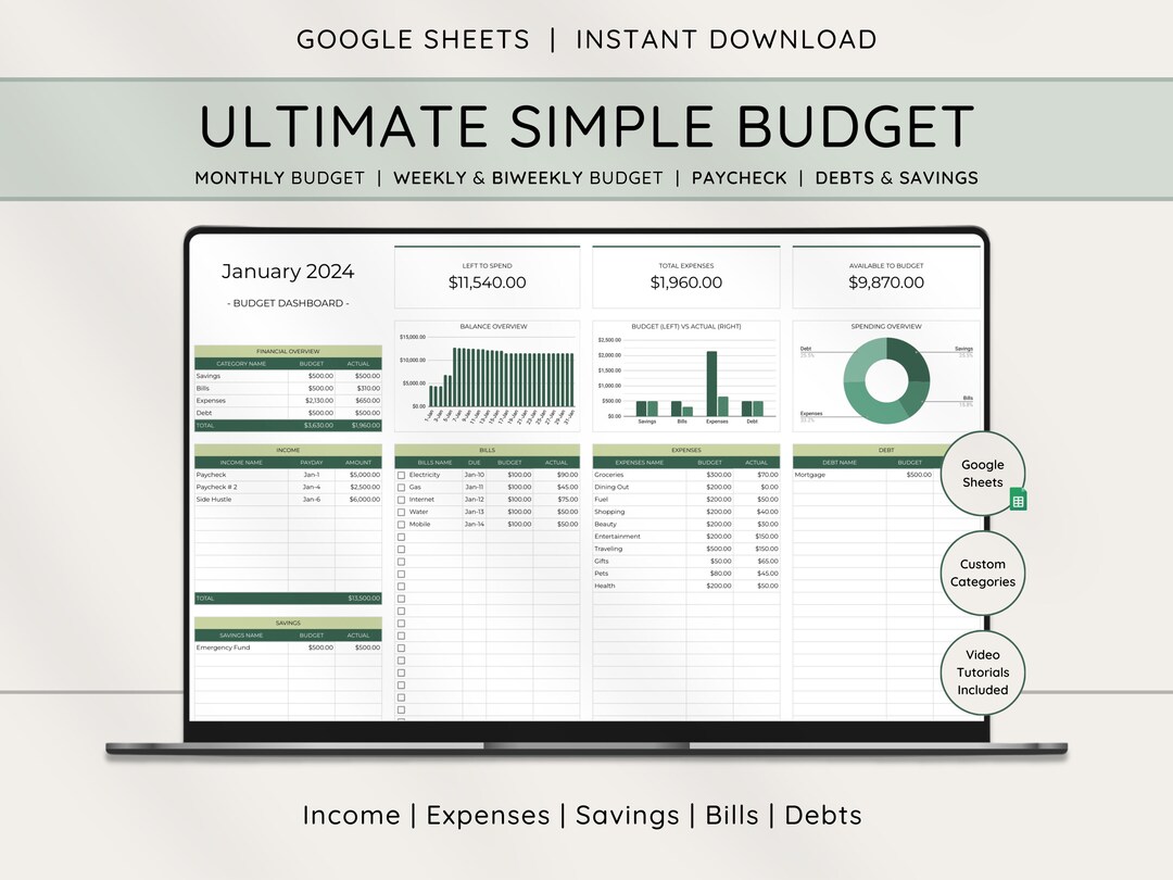 Budget Planner for Google Sheets, Monthly Budget Spreadsheet, Paycheck ...