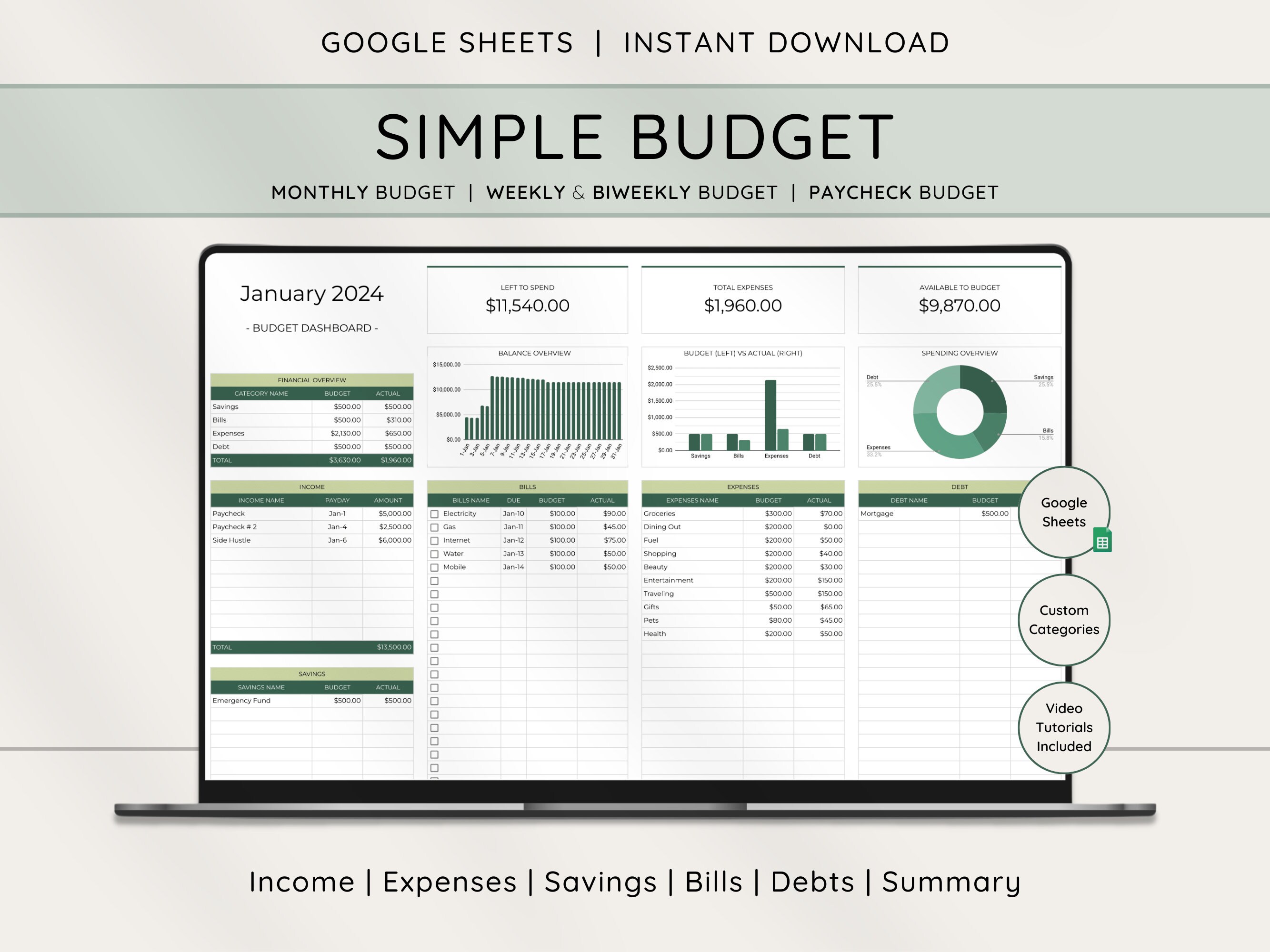 Simple Monthly Budget, Google Sheets Budget Template, Paycheck Budget ...