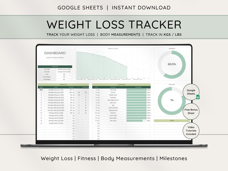 Weight Loss Tracker Spreadsheet for Google Sheets, Weight Loss Planner ...
