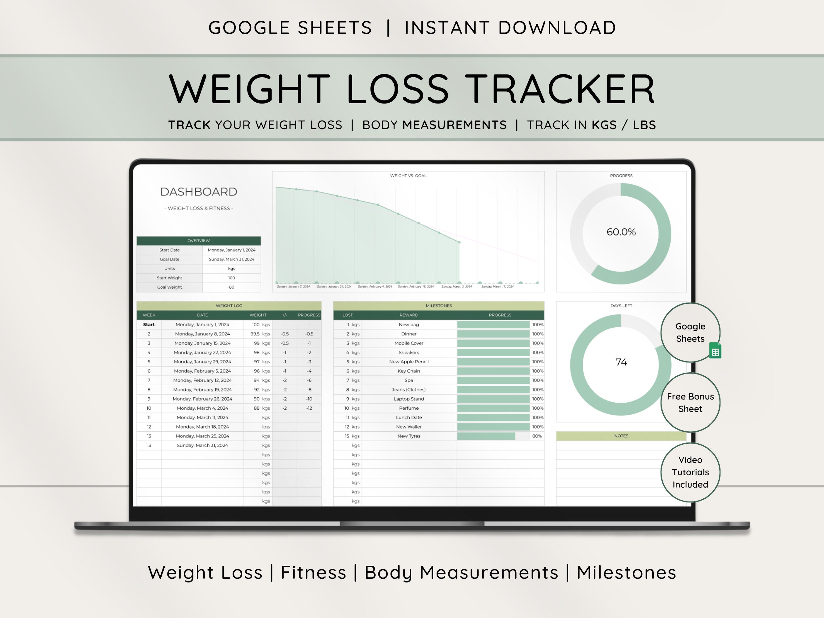 Weight Loss Tracker Spreadsheet for Google Sheets, Weight Loss Planner ...
