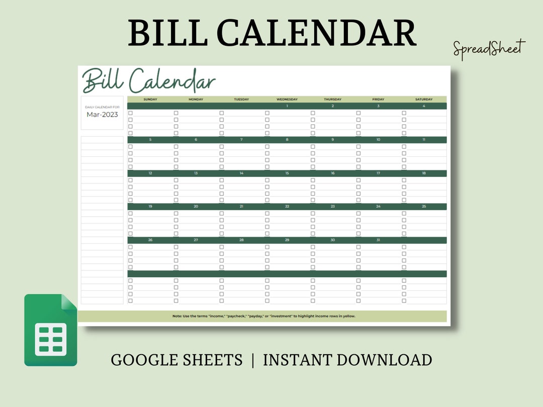 Bill Tracker Spreadsheet Google Sheets Bill Calendar Bill - Etsy