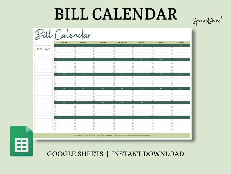 Bill Tracker Spreadsheet Google Sheets Bill Calendar Bill - Etsy