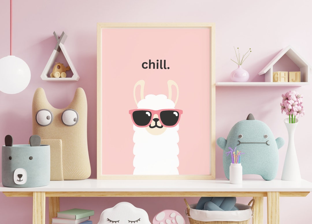 Pastel Pink Chill Llama Digital Above Bed Wall Art, Kids Cute Preppy ...