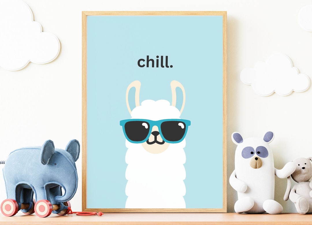 Pastel Blue Chill Llama Digital Above Bed Wall Art, Kids Cute Preppy ...