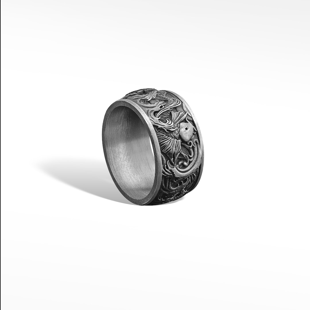 Koi Fish Sterling Silver Mens Ring, Japanese Fish Nature Inspired Ring ...