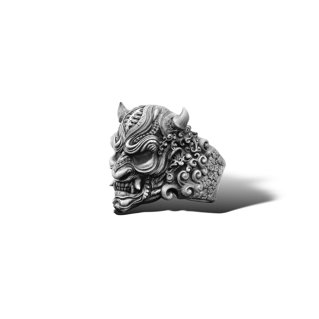 Oni Mask Sterling Silver Samurai Gothic Ring, 925 Silver Demon Ring, Japanese Art Mythology ...